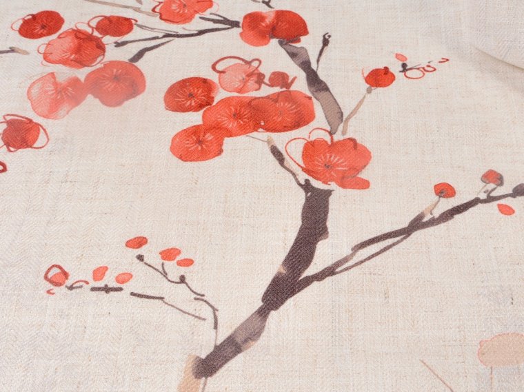Red Cherry Blossoms Floral on Linen blend fabric for Upholstery, Drapery