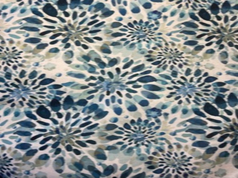 Blue Hand Painted Floral Fabric on Linen for Upholstery, bedding and drapes