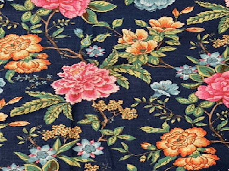 Stunning dark Blue Floral Fabric in Linen blend, upholstery, curtain ...
