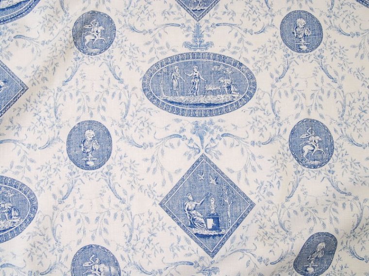 Classical Linen / Cotton Toile from France Designer Fabric White & Blue